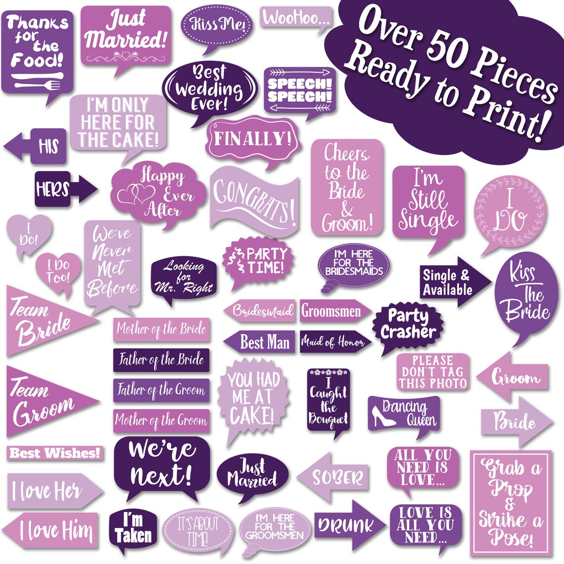 Wedding Photo Booth Prop Signs and Decorations - Purple With White ...