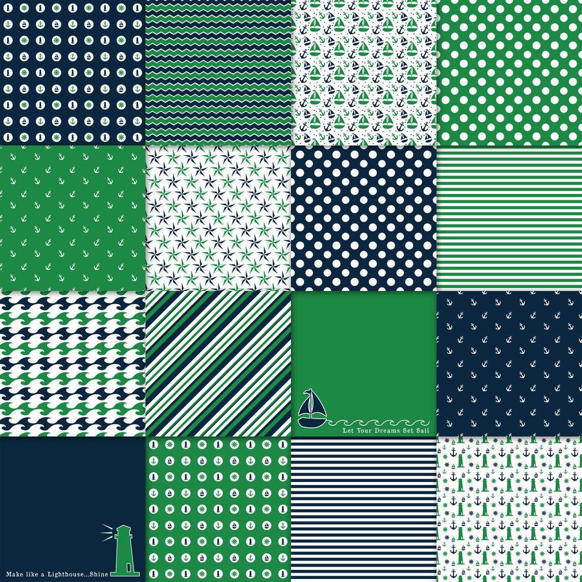 Nautical Digital Paper Green and Navy Blue Backgrounds and - Etsy