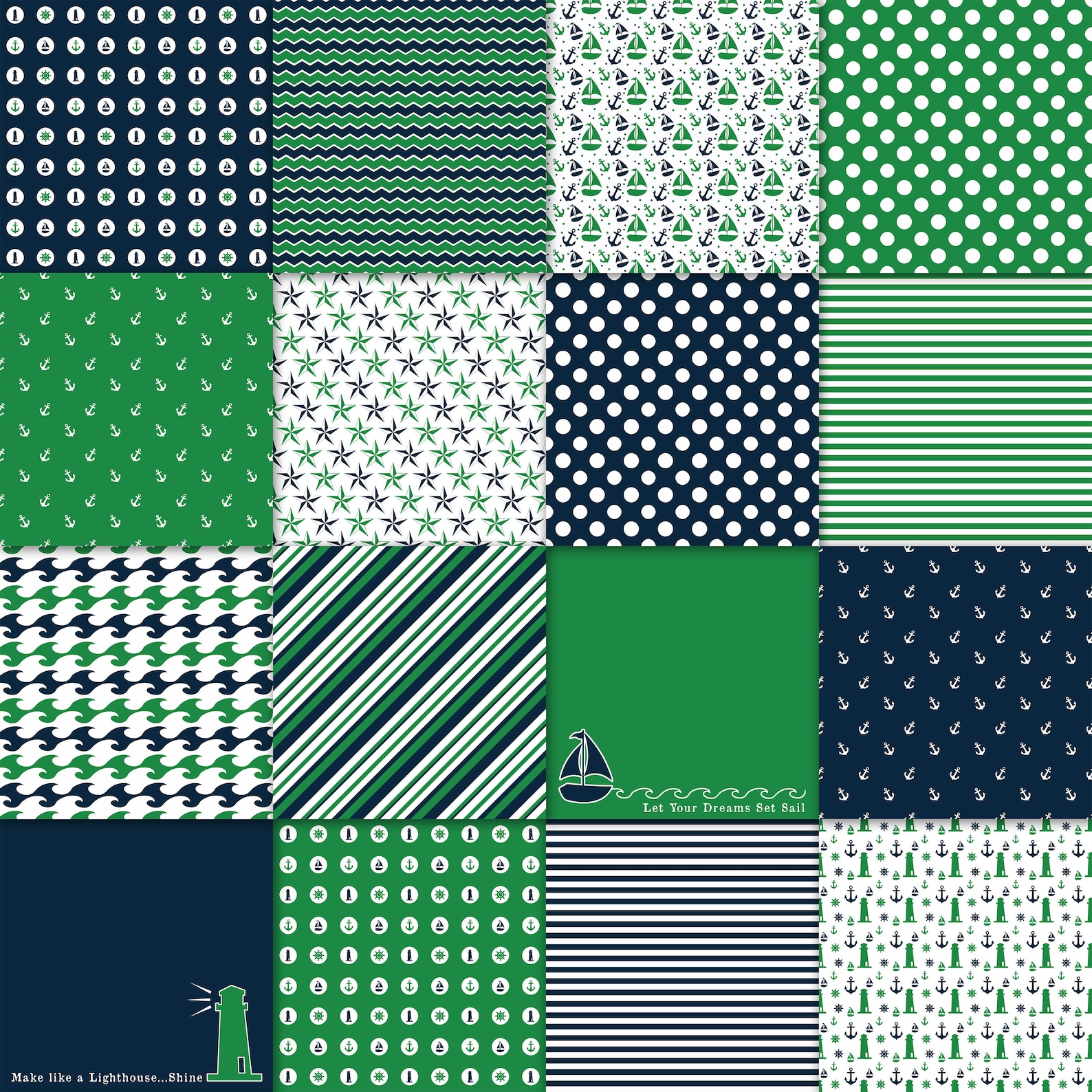 Nautical Digital Paper Green and Navy Blue Backgrounds and - Etsy