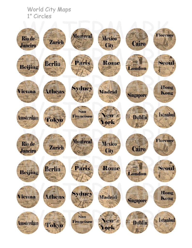 World City Maps - Digital Collage Sheet - 1 Inch Round Circles ...