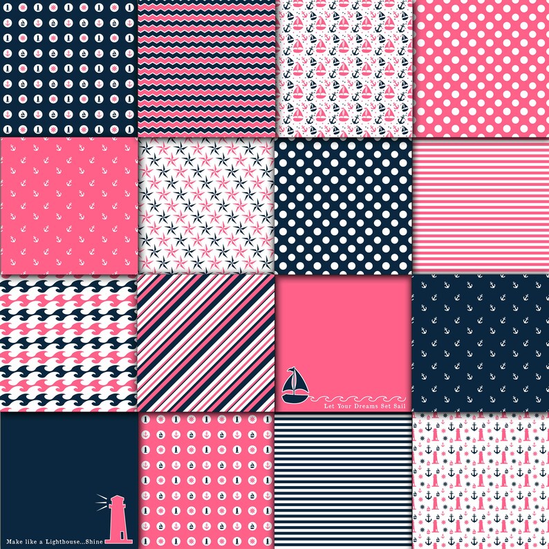Nautical Digital Paper Pink and Navy Blue Backgrounds and | Etsy