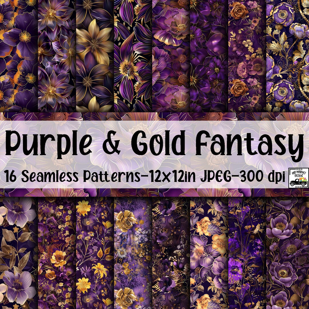 Purple & Gold Fantasy Flowers SEAMLESS Patterns - Purple and Gold ...