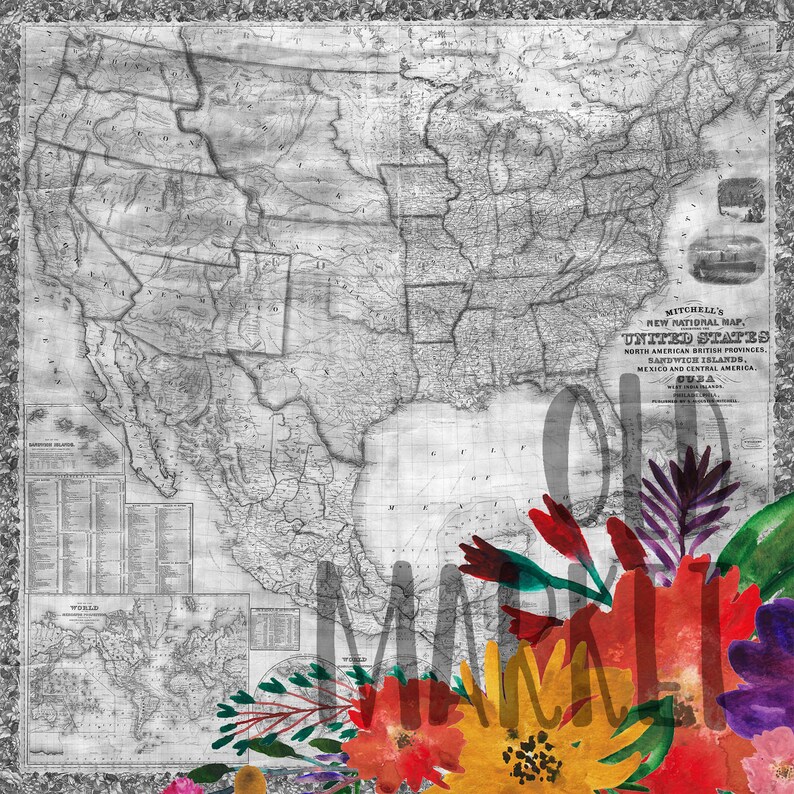 Floral Maps Digital Paper - Watercolor Flower and Black and White Map ...