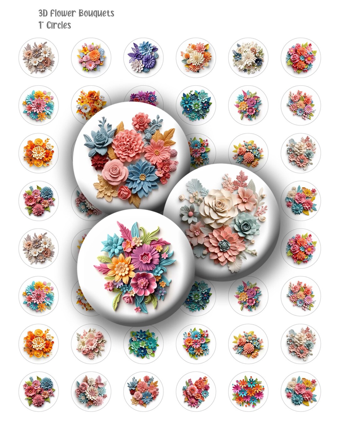 3D Flower Bouquets - Digital Collage Sheet - 1 Inch Round Circles ...
