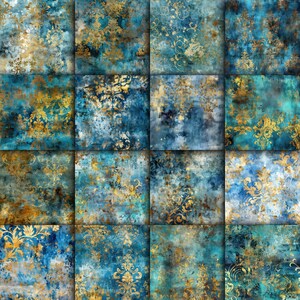 Blue and Gold Grunge SEAMLESS Patterns Blue and Gold Damask Digital ...