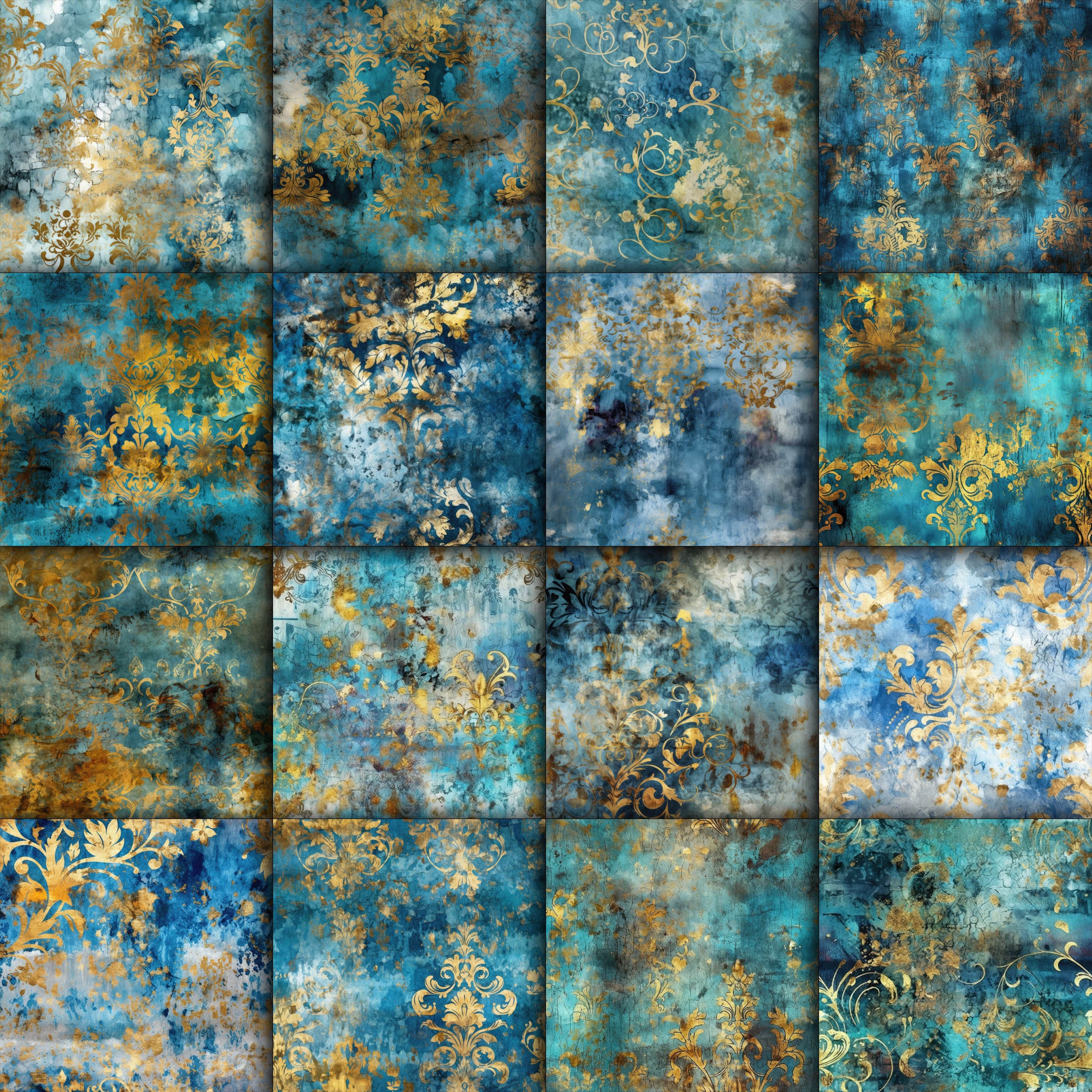 Blue and Gold Grunge SEAMLESS Patterns - Blue and Gold Damask Digital ...