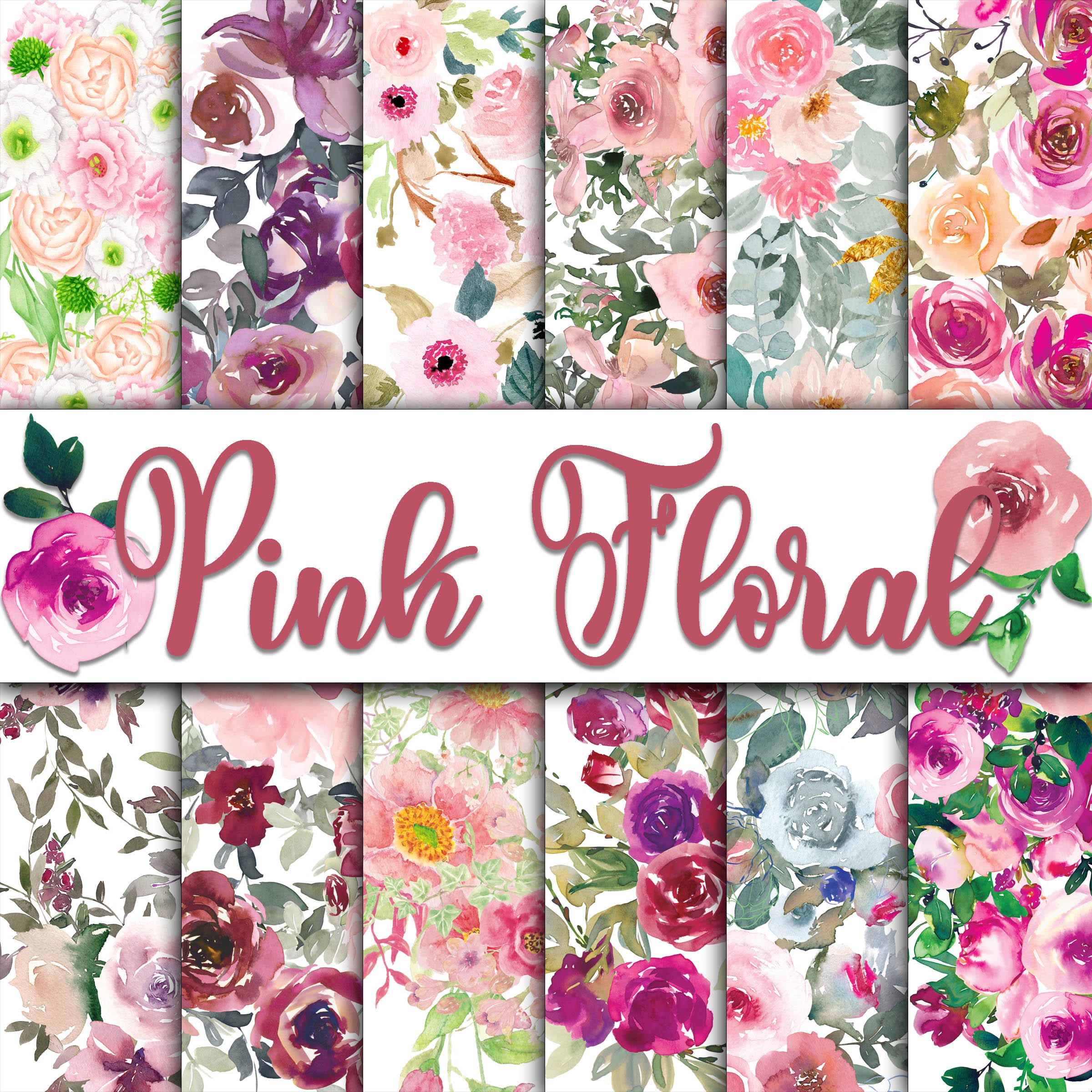 Pink Floral Medley Digital Paper - Watercolor Flower Backgrounds - 12 ...