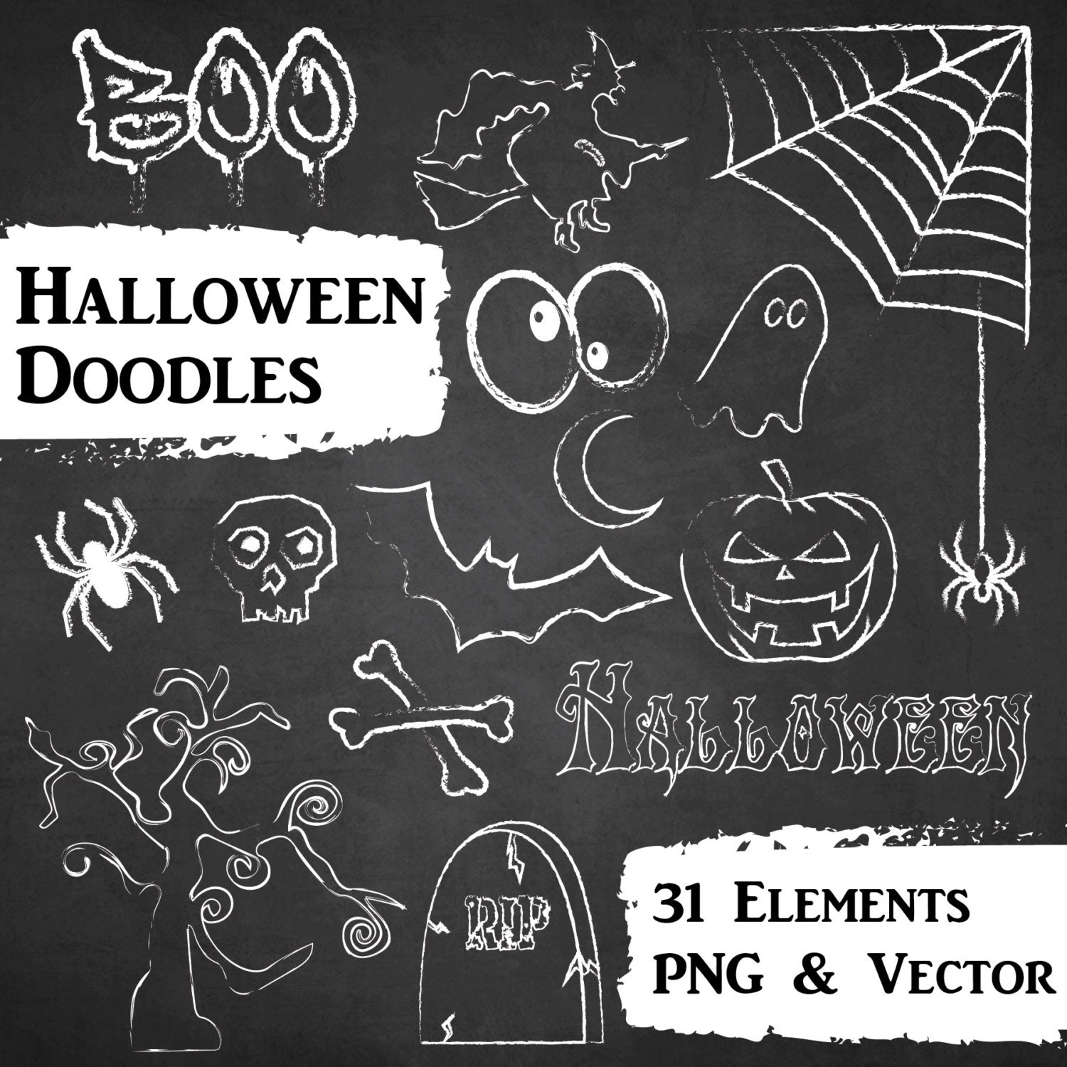 Halloween Chalkboard Clip Art - Commercial Use Vector Clipart - 31 Hand ...