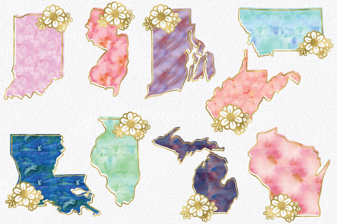 50 States Watercolor Clip Art Bundle - States Watercolor Sublimation ...