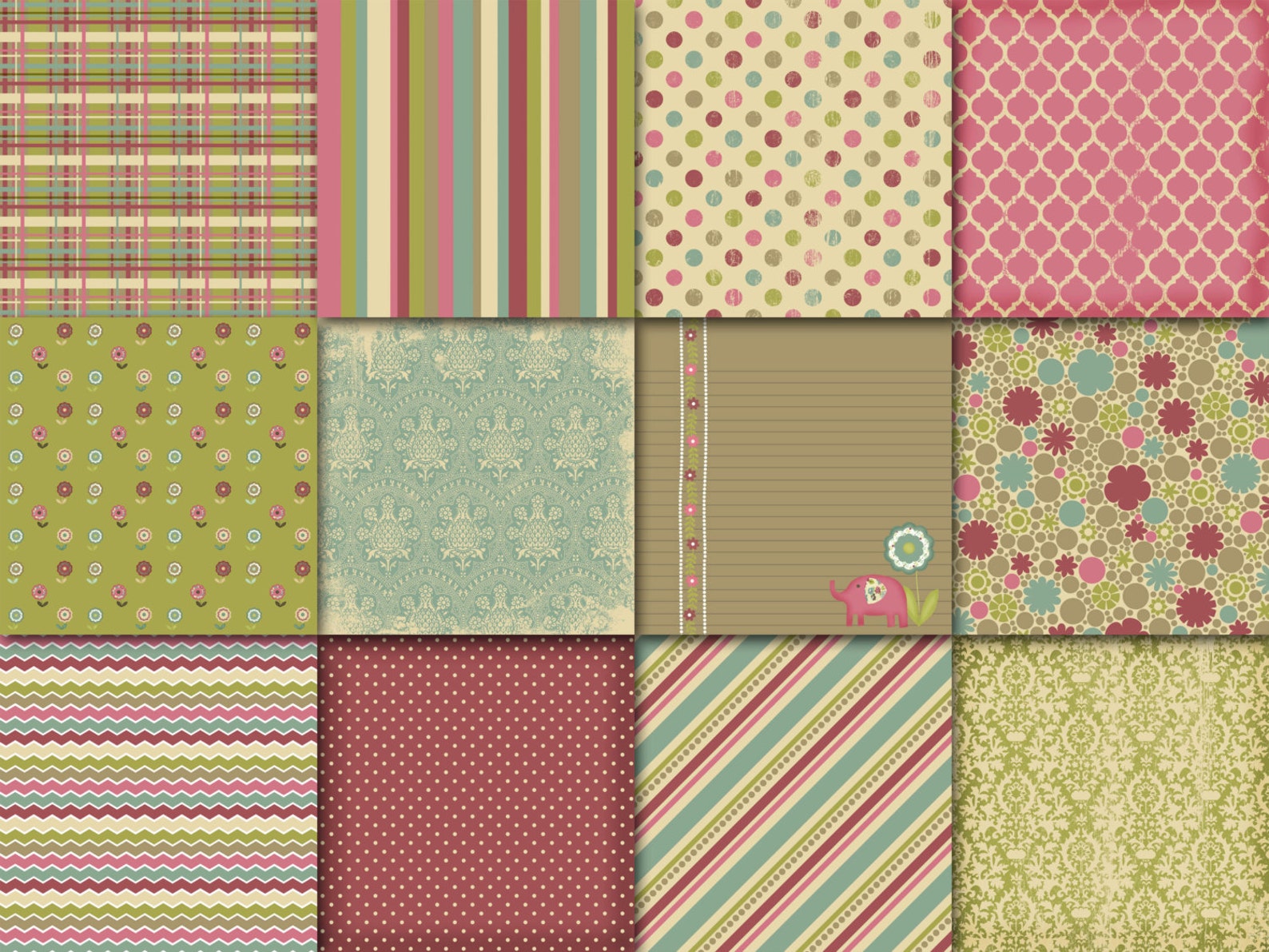 Serendipity Digital Paper Flowers Stripes and Dots Digital - Etsy