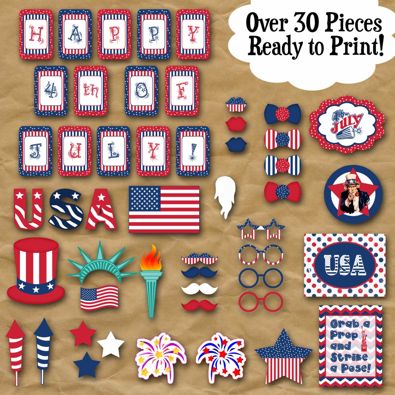 Patriotic Photo Booth Props and Decorations - Printable - Over 30 ...