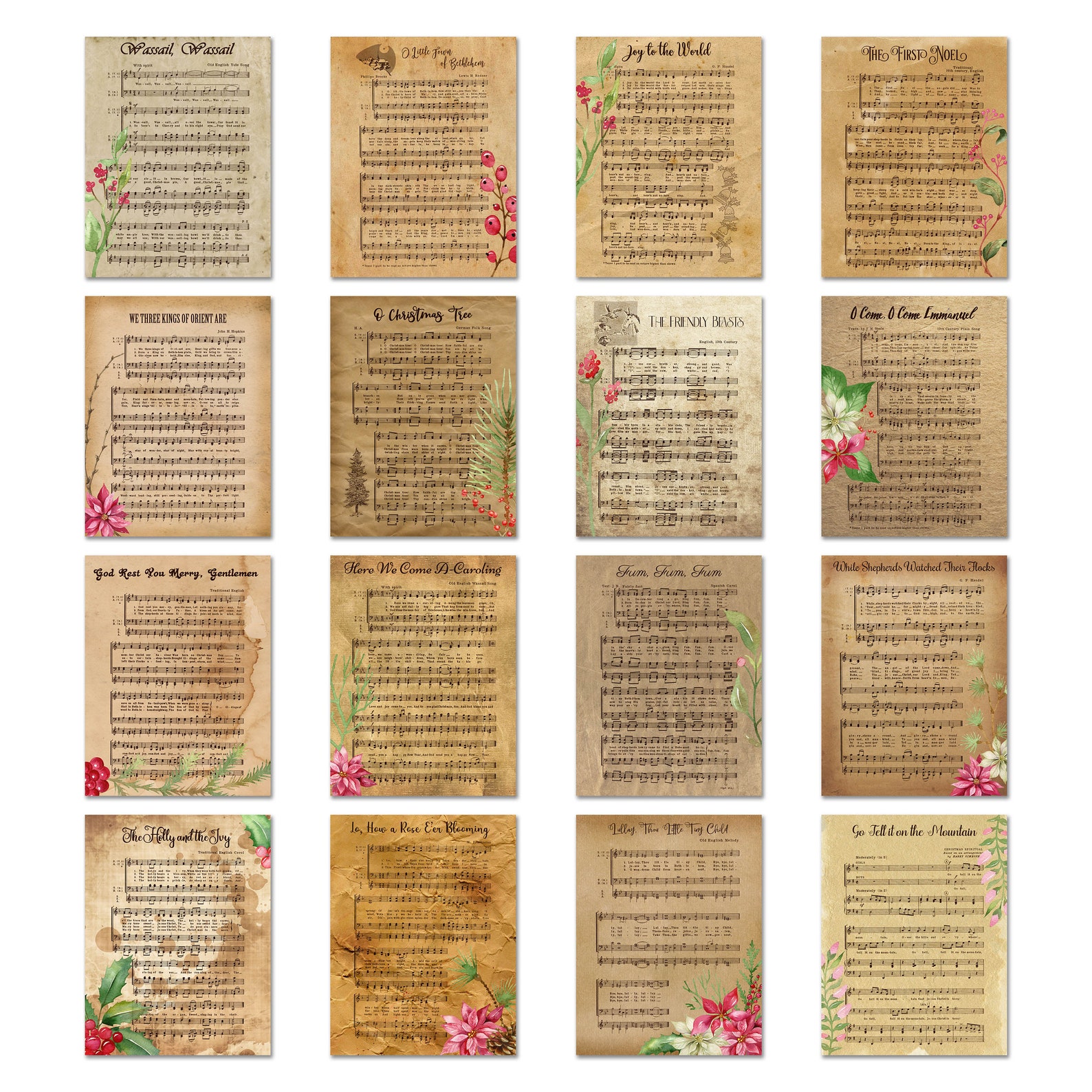 Vintage Christmas Music Digital Paper - Old Christmas Sheet Music Backgrounds - 16 Designs - 8.5 ...