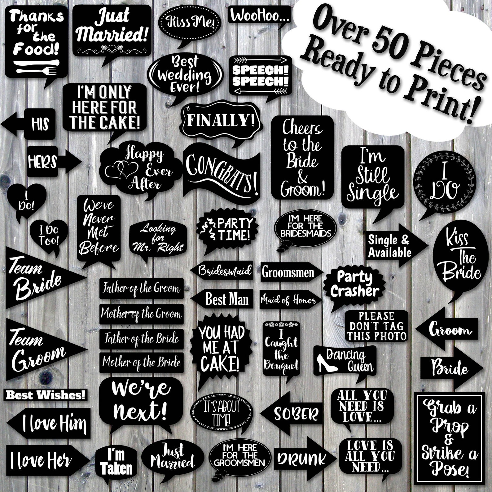 Wedding Photo Booth Prop Signs and Decorations - Black With White ...