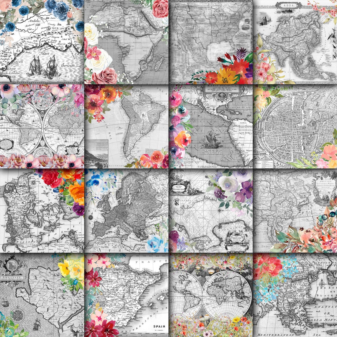 Floral Maps Digital Paper Watercolor Flower and Black and - Etsy