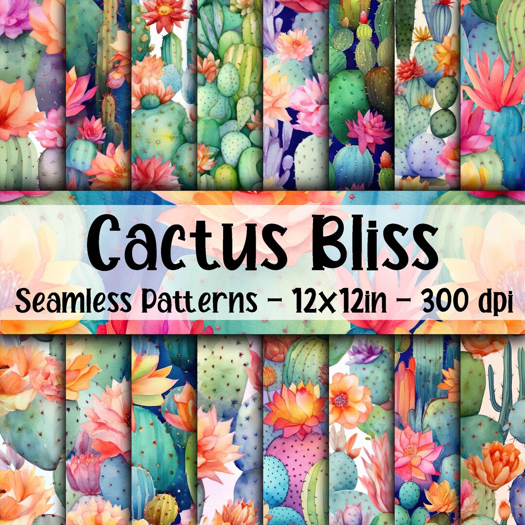 Cactus Bliss Seamless Patterns - Watercolor Cactus Digital Paper - 16 ...