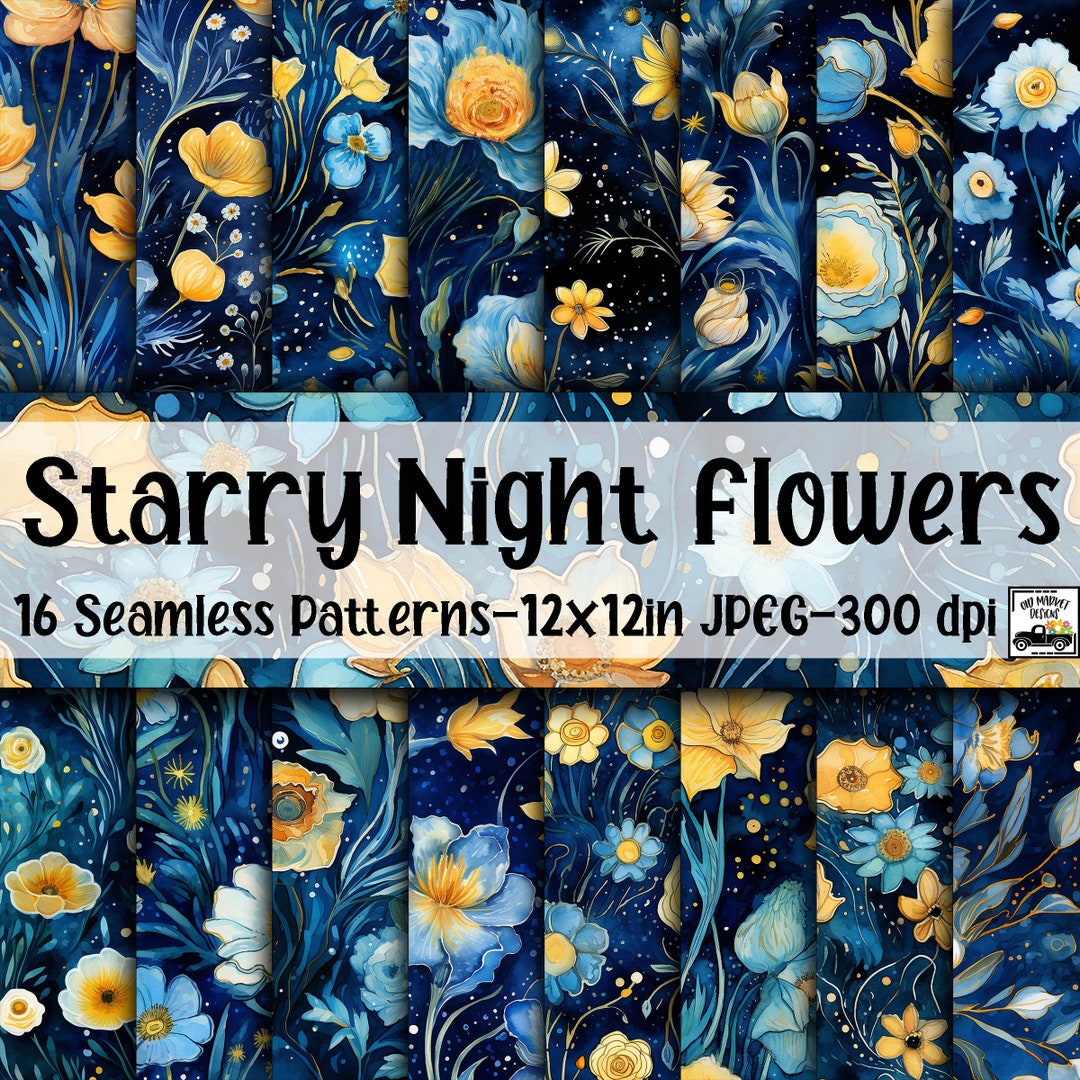 Starry Night Flowers SEAMLESS Patterns - Watercolor Flowers Digital ...