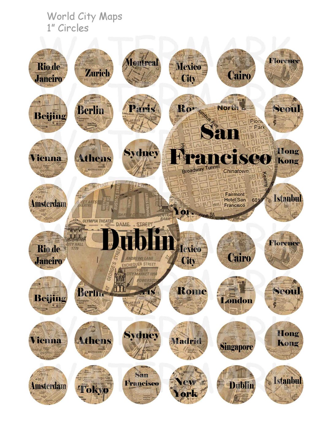 World City Maps - Digital Collage Sheet - 1 Inch Round Circles ...