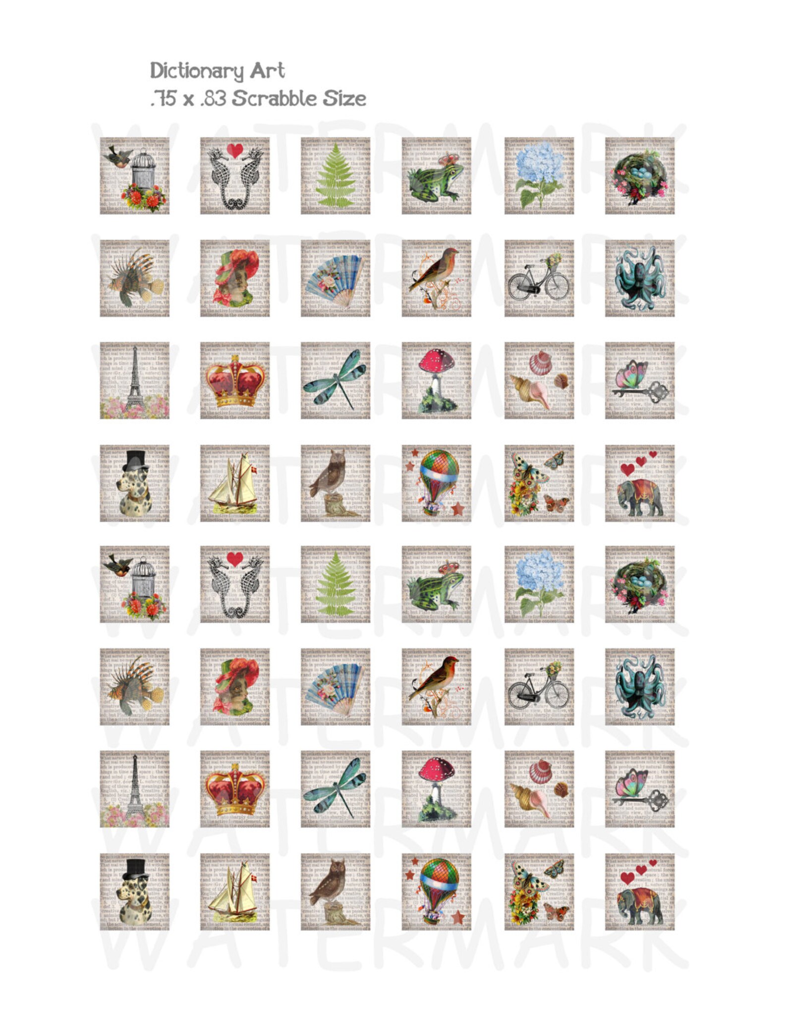 Dictionary Art - Digital Collage Sheet - .75 X .83 Scrabble Size ...