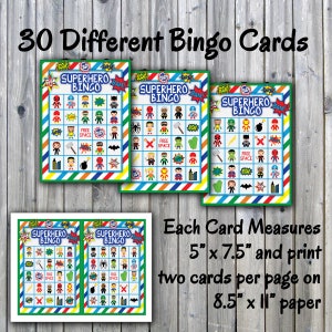 Superhero Bingo Printable Game - 30 Different Cards - HALF Page Size ...