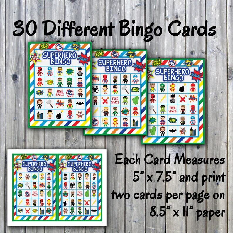 Superhero Bingo Printable Game 30 Different Cards HALF - Etsy