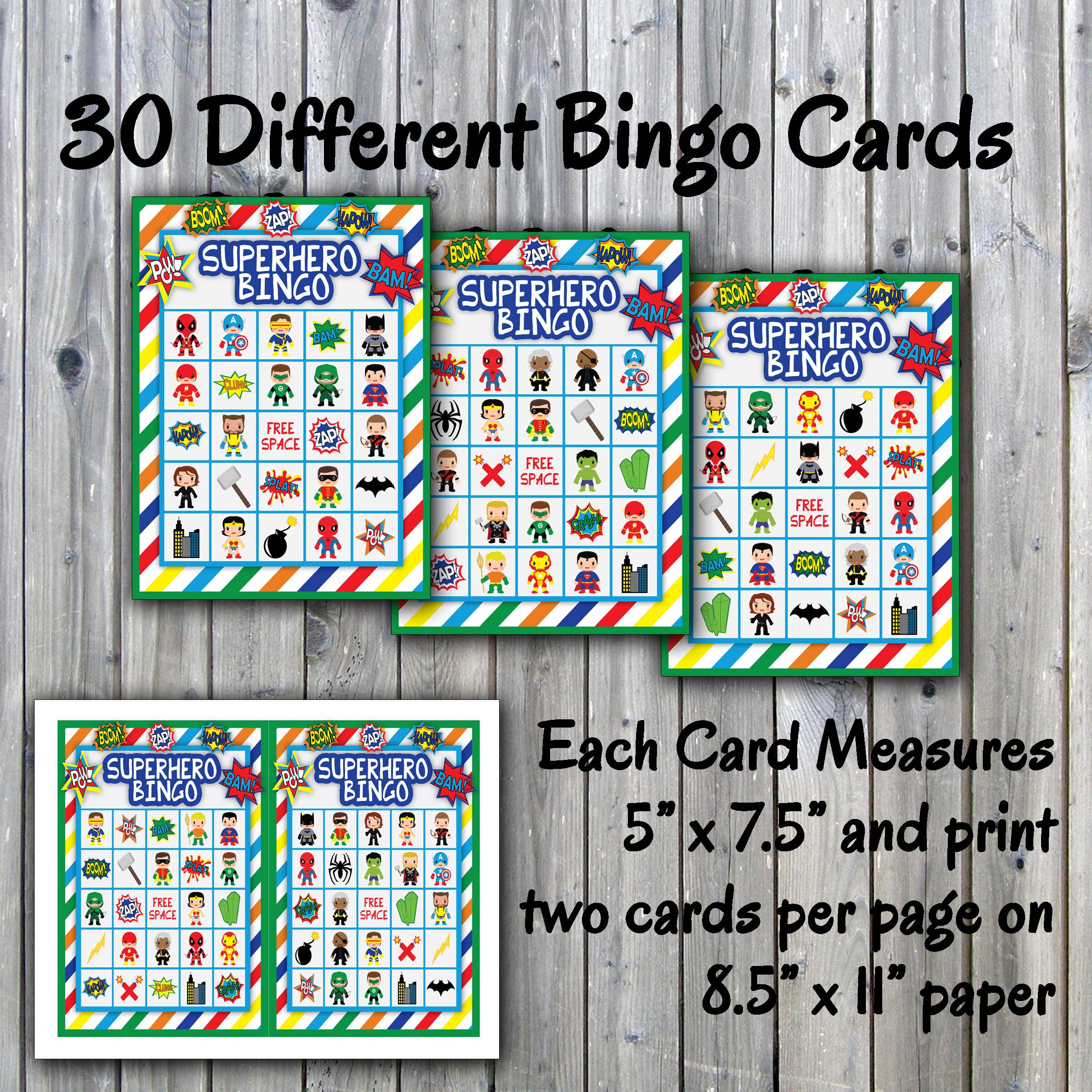 Superhero Bingo Printable Game 30 Different Cards HALF - Etsy