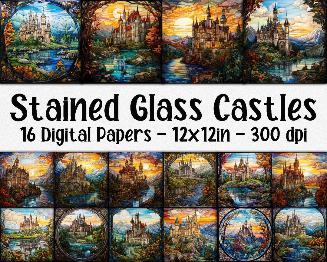 Stained Glass Castles Digital Papers - Castle Stained Glass Backgrounds ...