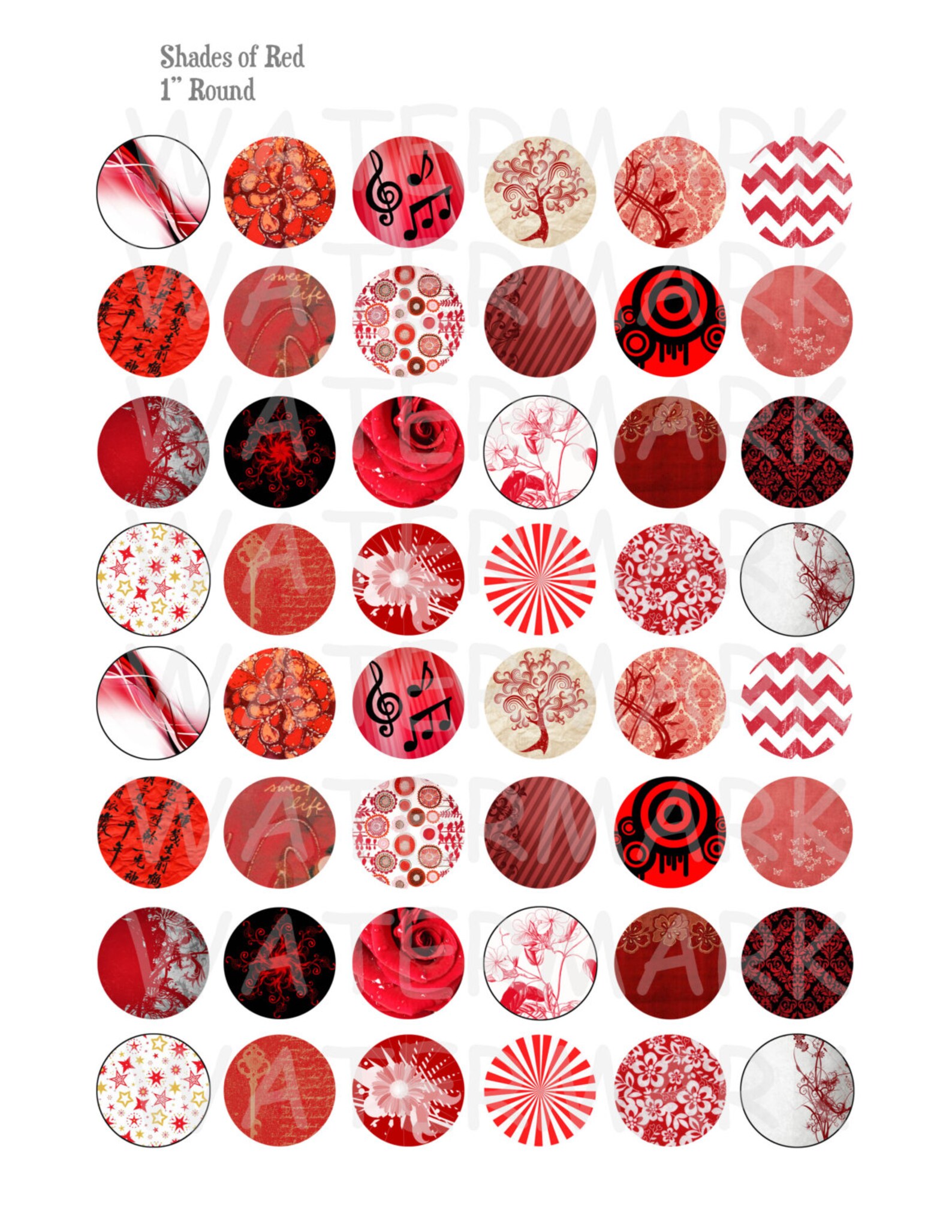 Shades of Red - Digital Collage Sheet - 1 Inch Round Circles - INSTANT ...