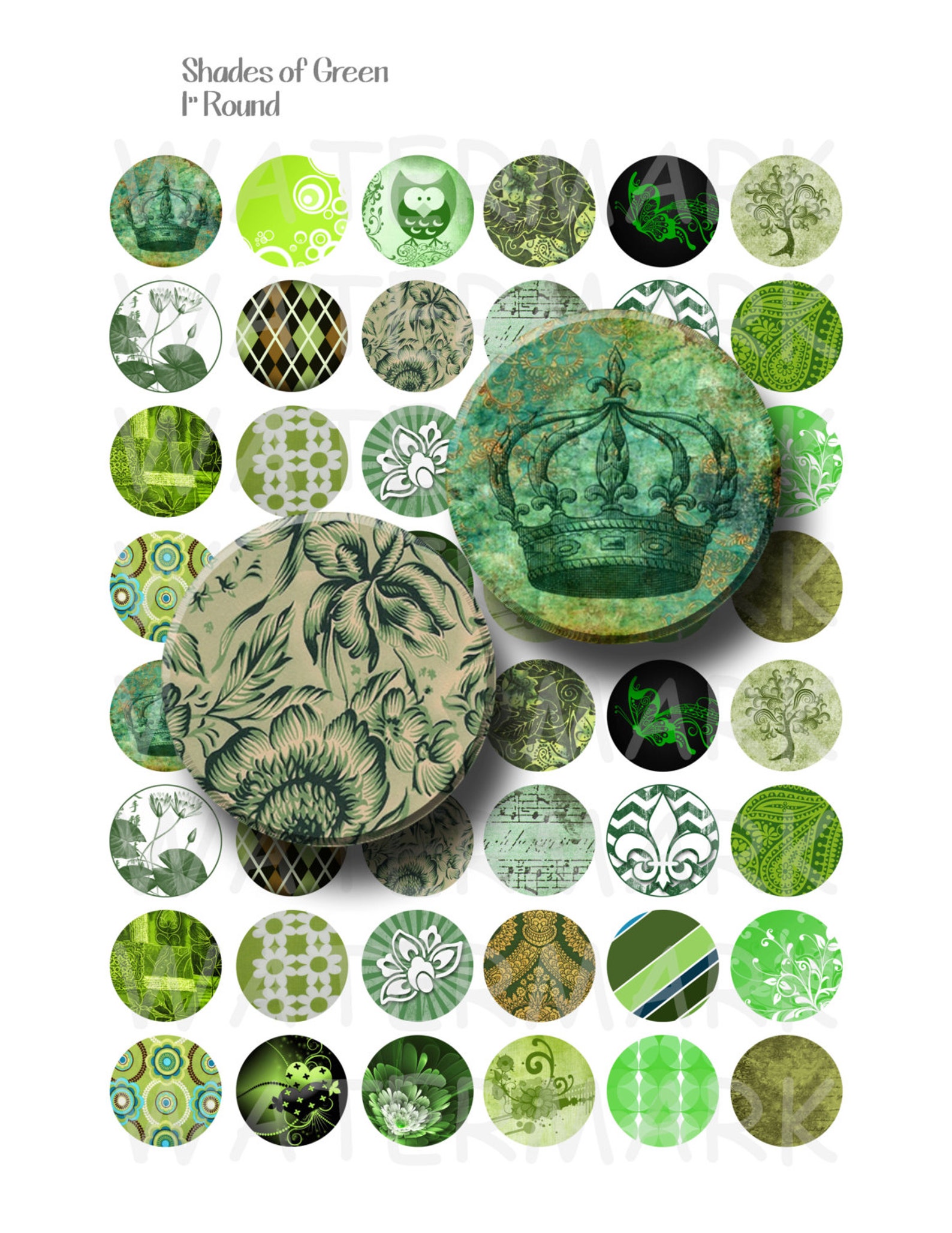 Shades of Green - Digital Collage Sheet - 1 Inch Round Circles ...