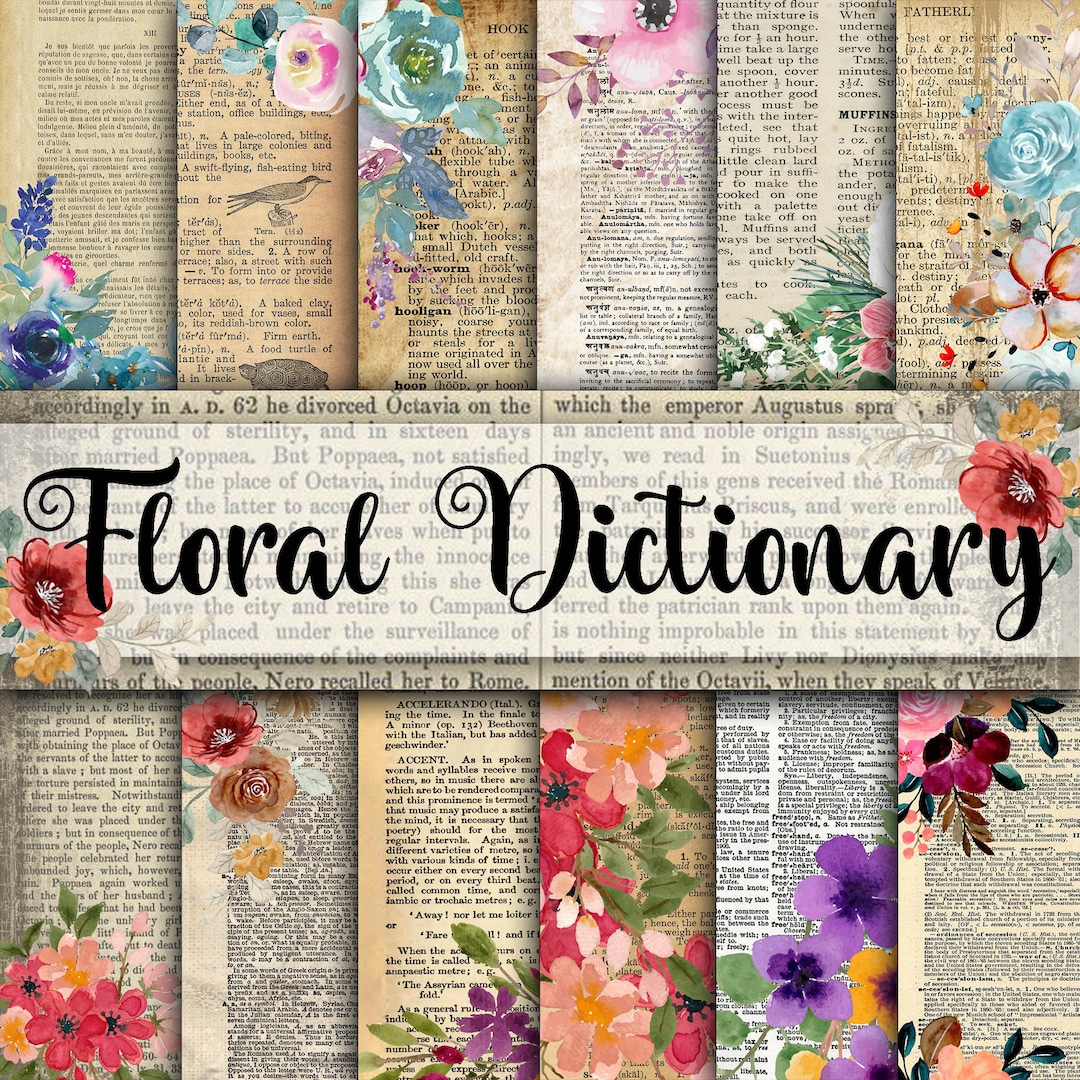 Floral Dictionary Digital Papers - Watercolor Flower Backgrounds - 12 ...