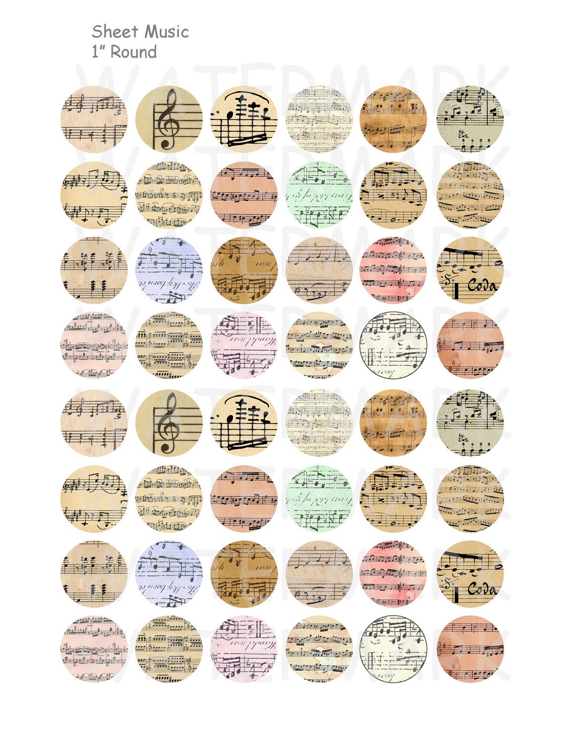 Sheet Music - Digital Collage Sheet - 1 Inch Round Circles - INSTANT ...