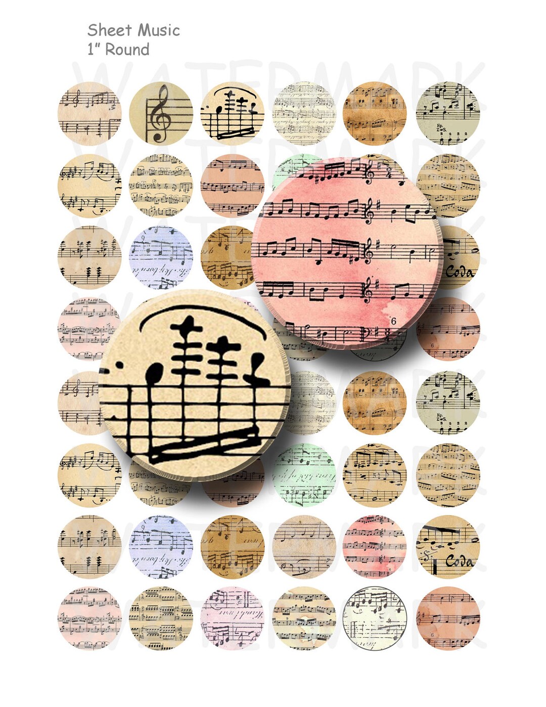 Sheet Music - Digital Collage Sheet - 1 Inch Round Circles - INSTANT ...