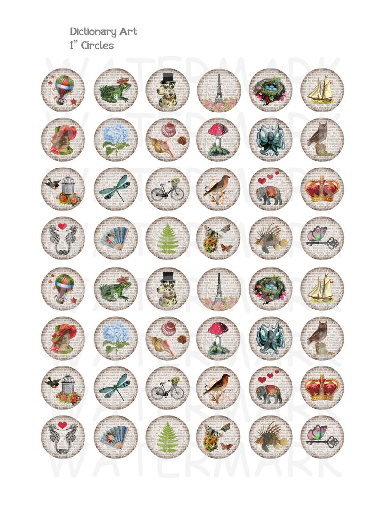 Dictionary Art - Digital Collage Sheet - 1 Inch Round Circles - INSTANT ...