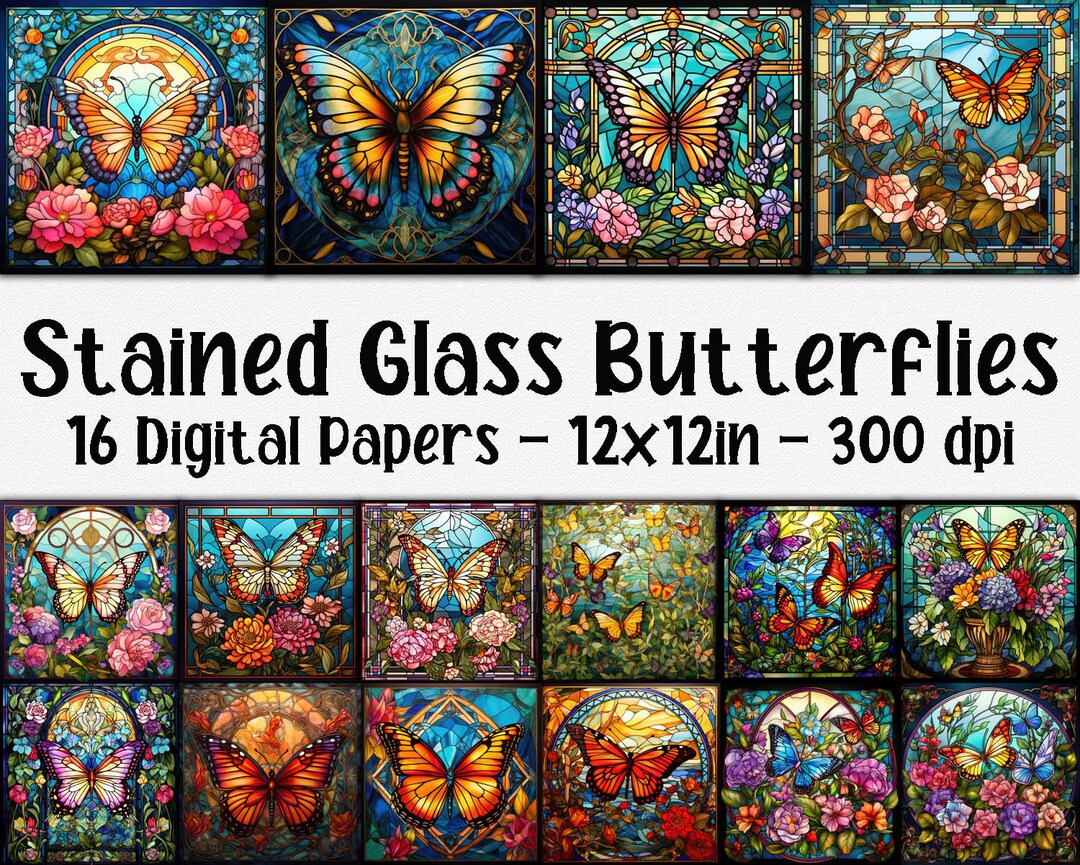 Stained Glass Butterflies Digital Paper - Butterfly Stained Glass ...