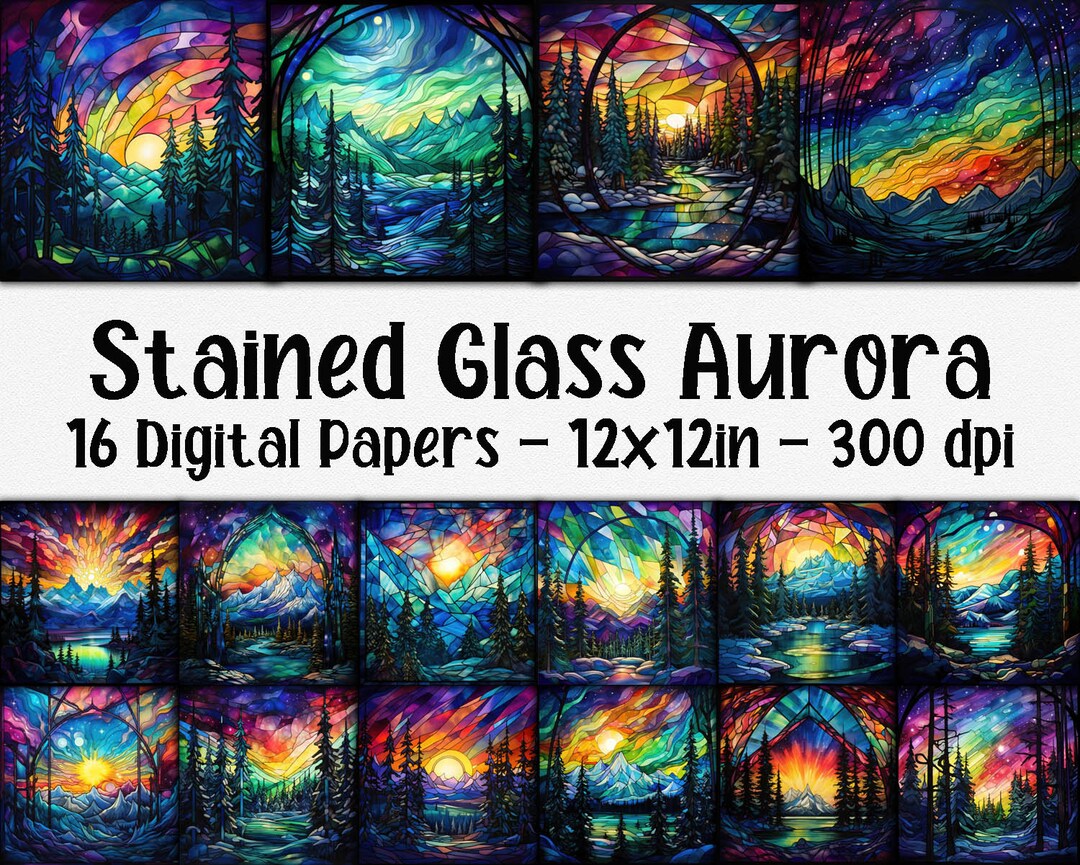 Stained Glass Aurora Borealis Digital Papers - Aurora Stained Glass ...