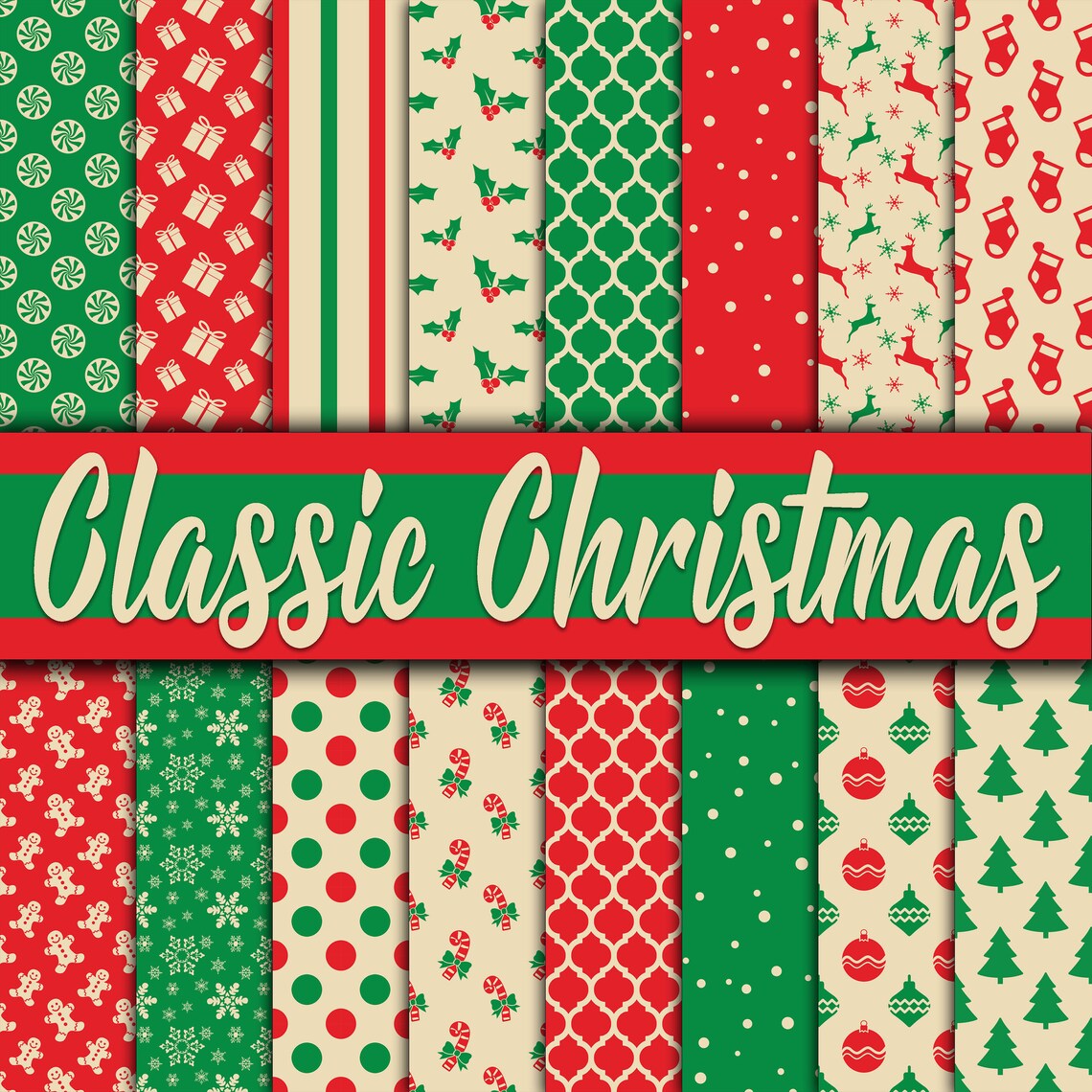 Classic Christmas Digital Paper Retro Red and Green - Etsy