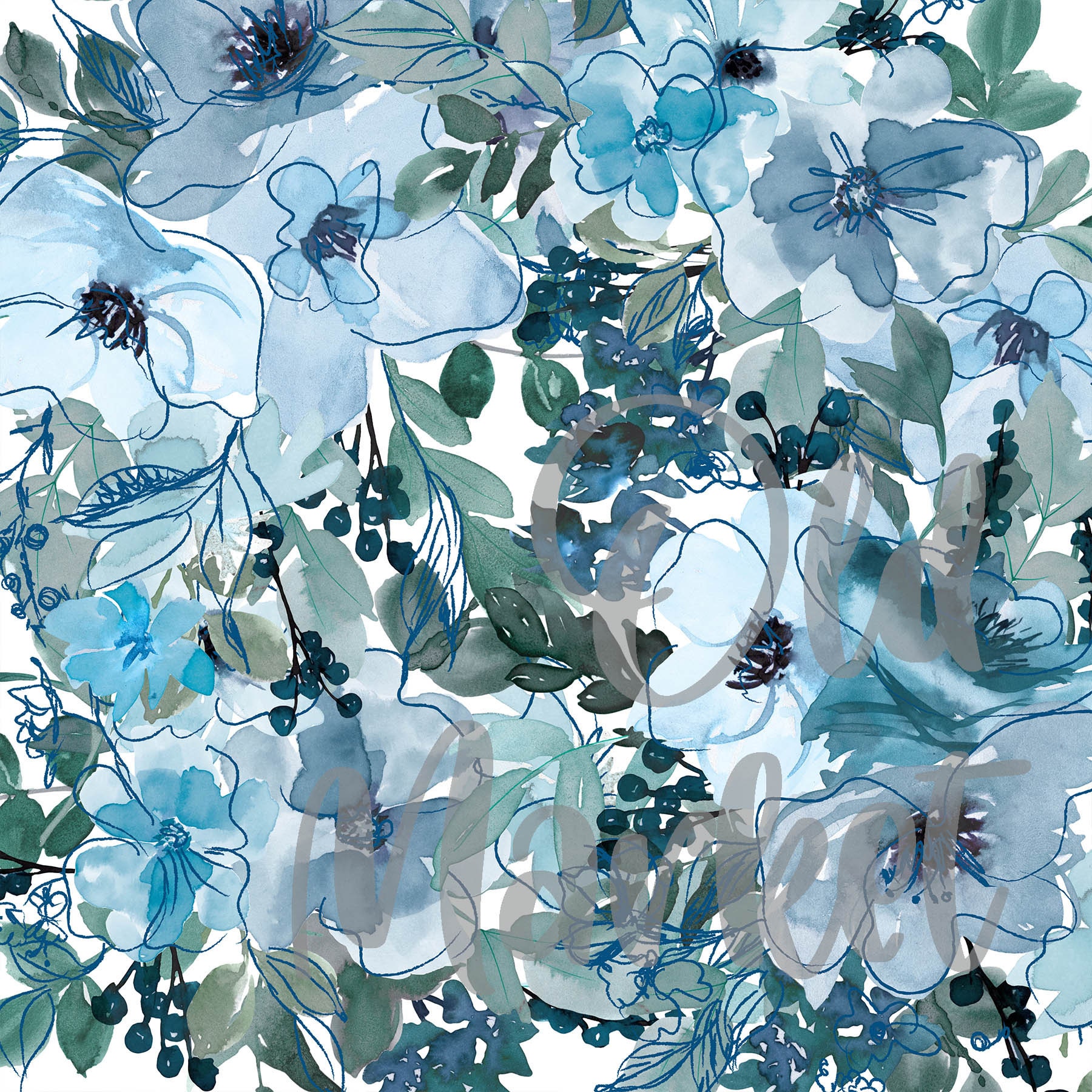 Blue Floral Medley Digital Paper Watercolor Flower - Etsy
