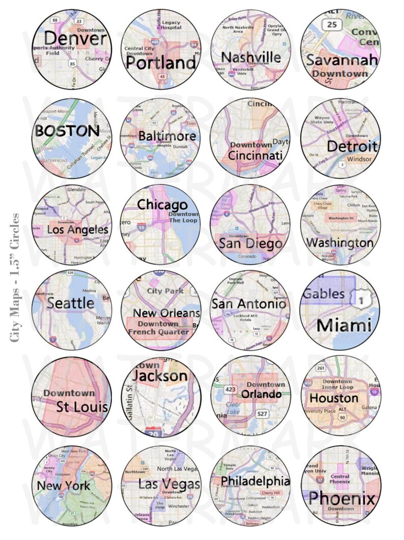 City Maps Digital Collage Sheet 1.5 Inch Round Circles - Etsy