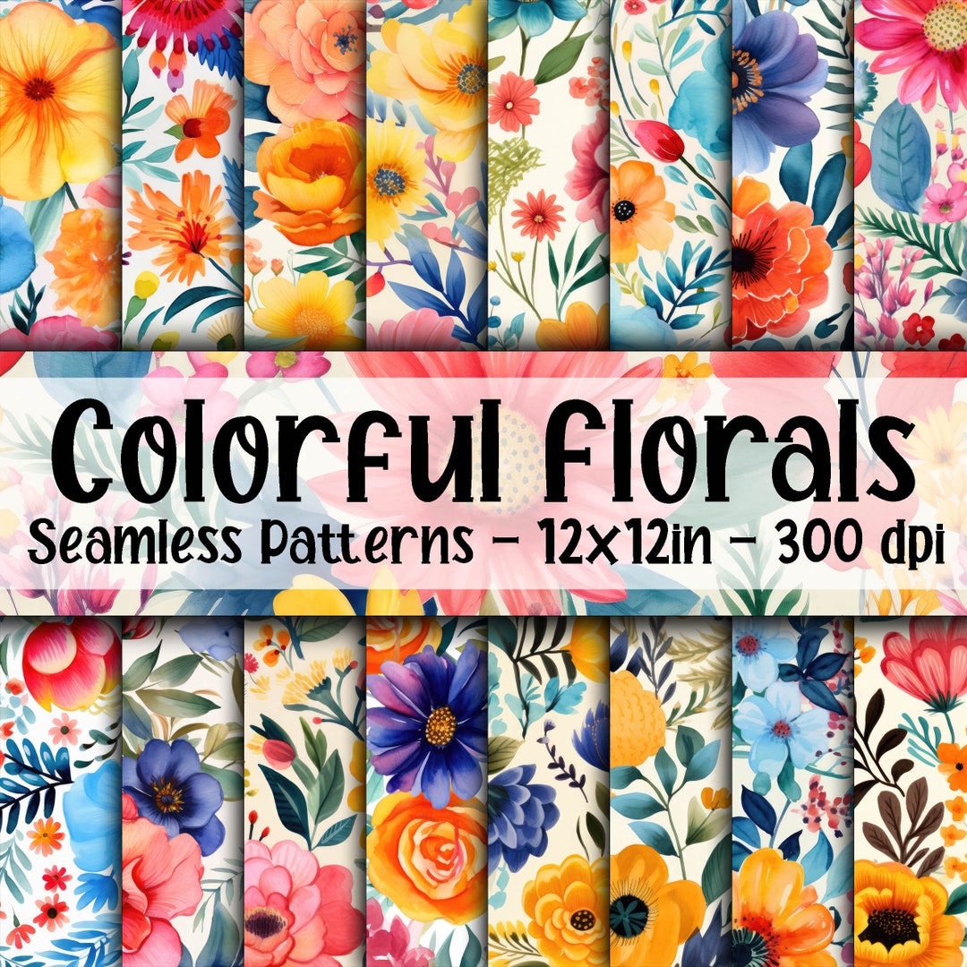 Colorful Florals SEAMLESS Patterns - Watercolor Flowers Digital Paper ...