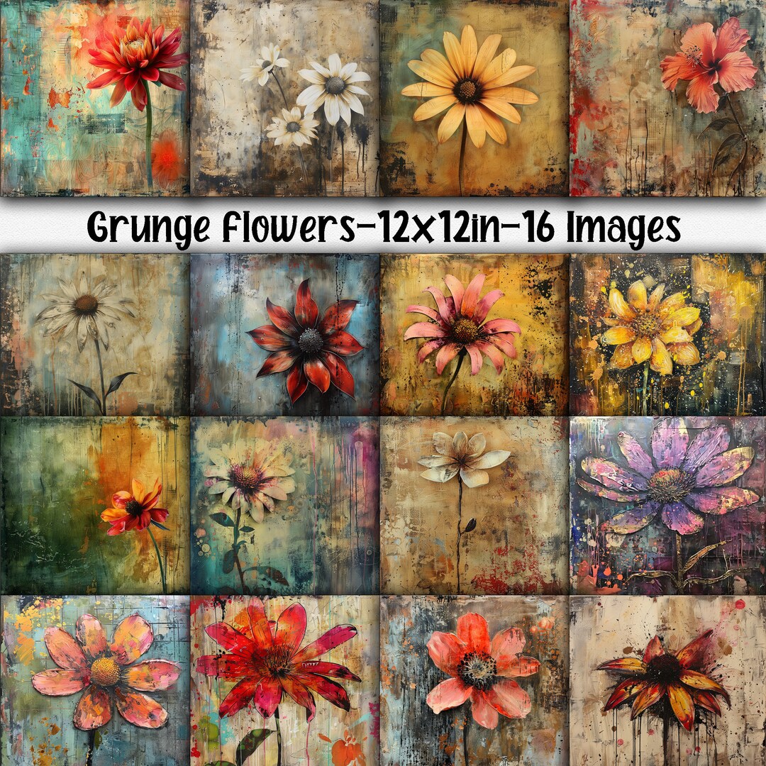 Grunge Flowers Digital Paper - Antique Flower Textures - 16 Designs ...
