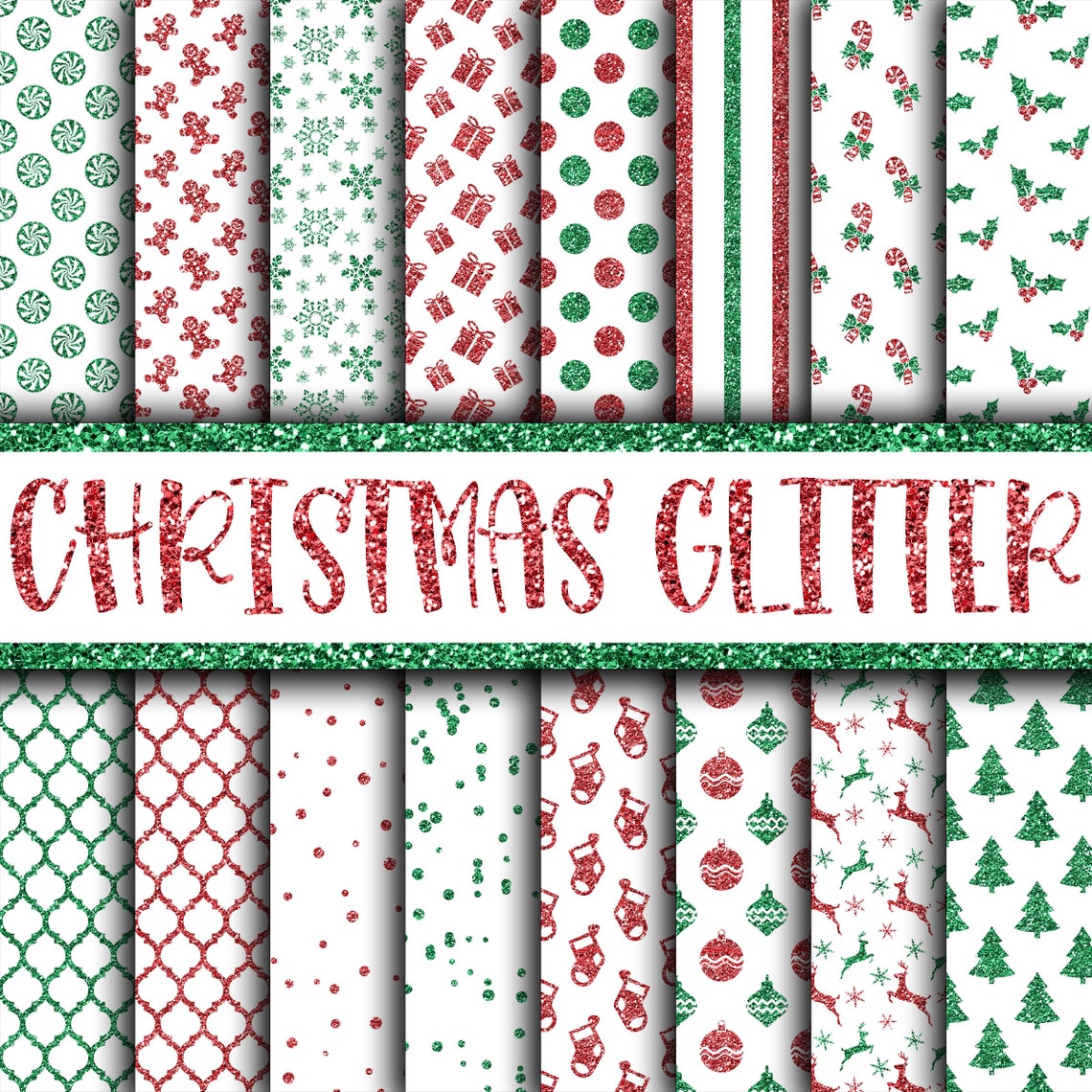 Classic Christmas Glitter Digital Paper Red and Green | Etsy