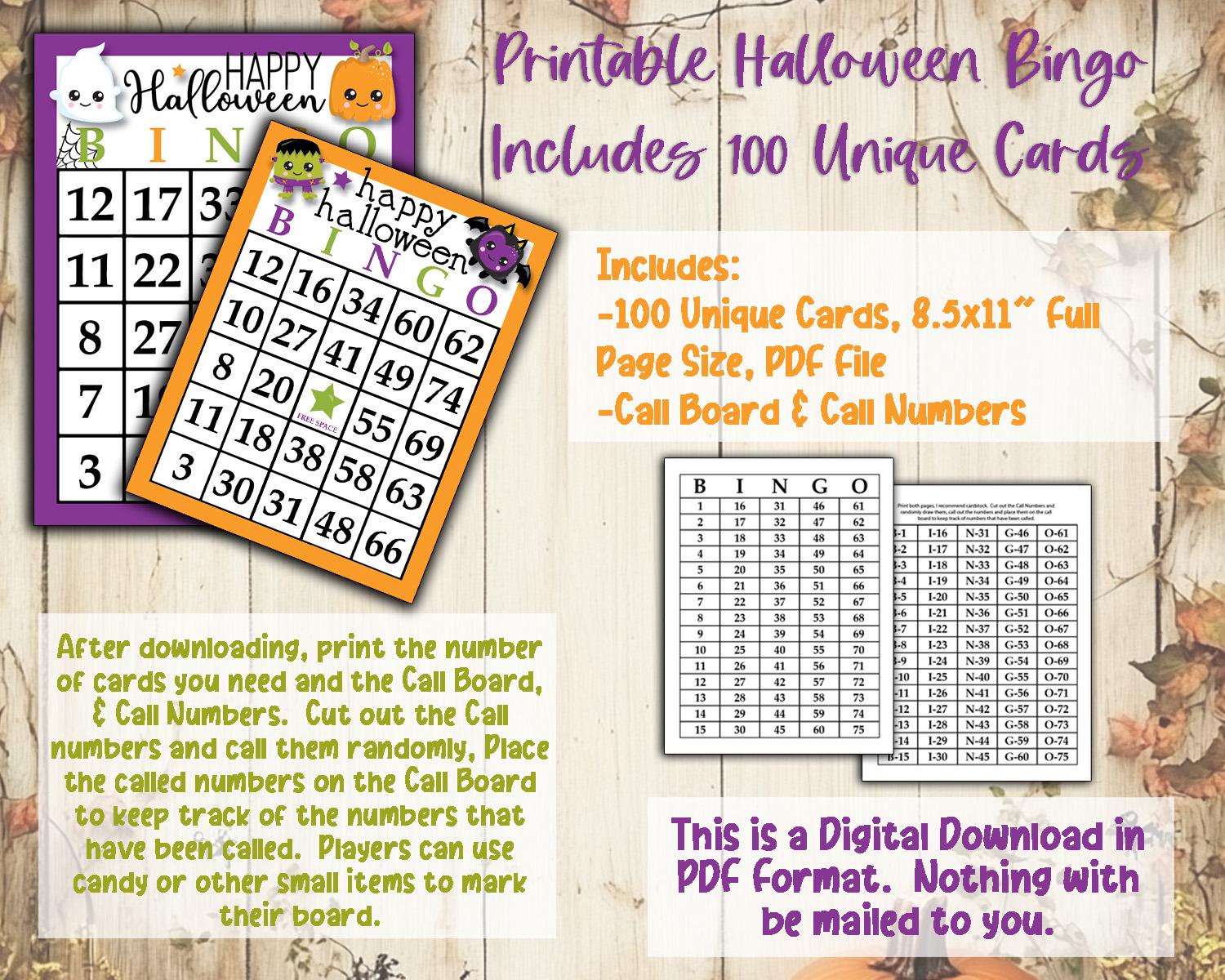 Halloween Bingo Printable PDF - 100 Different Cards - FULL PAGE - Party ...