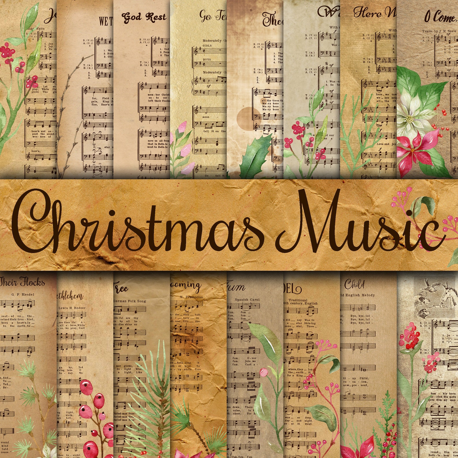 Vintage Christmas Music Digital Paper - Old Christmas Sheet Music ...