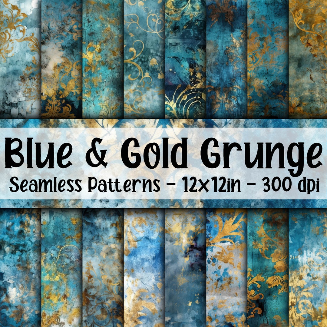 Blue and Gold Grunge SEAMLESS Patterns Blue and Gold Damask Digital ...