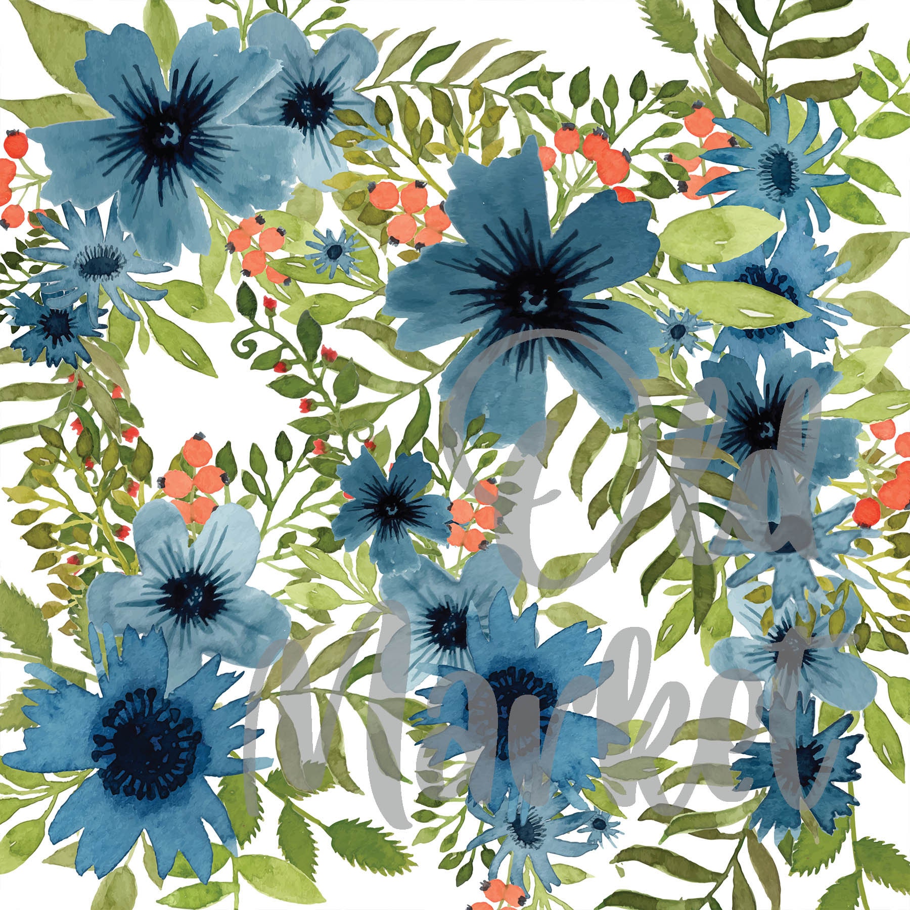 Blue Floral Medley Digital Paper Watercolor Flower - Etsy