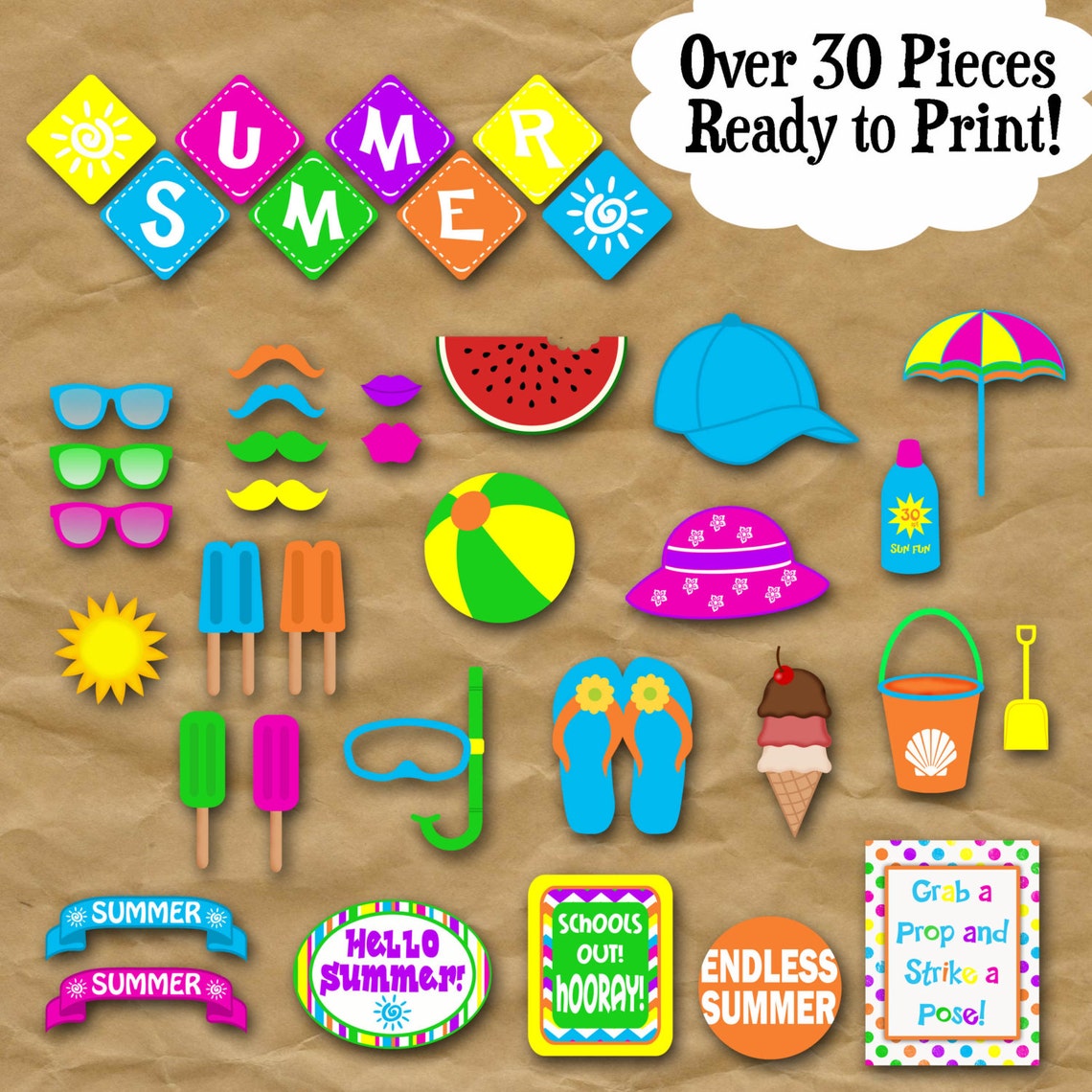 Summer Photo Booth Props and Decorations Printable Over 30 | Etsy