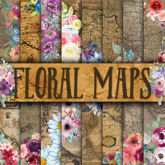 Floral Maps Digital Paper Watercolor Flower and Old Map | Etsy