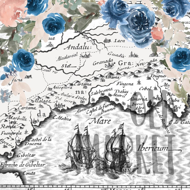 Floral Maps Digital Paper - Watercolor Flower and Black and White Map ...