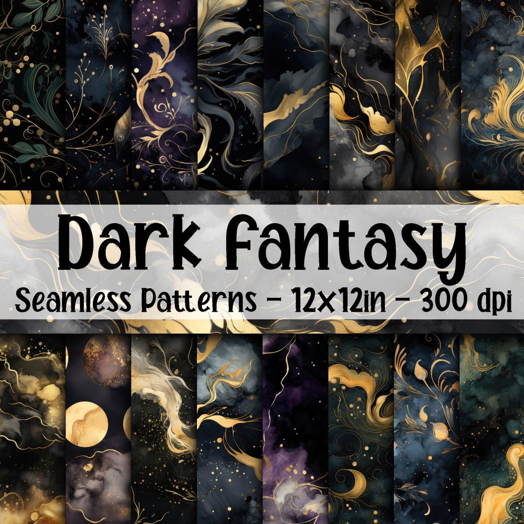 Dark Fantasy SEAMLESS Patterns - Gold and Black Watercolor Digital ...