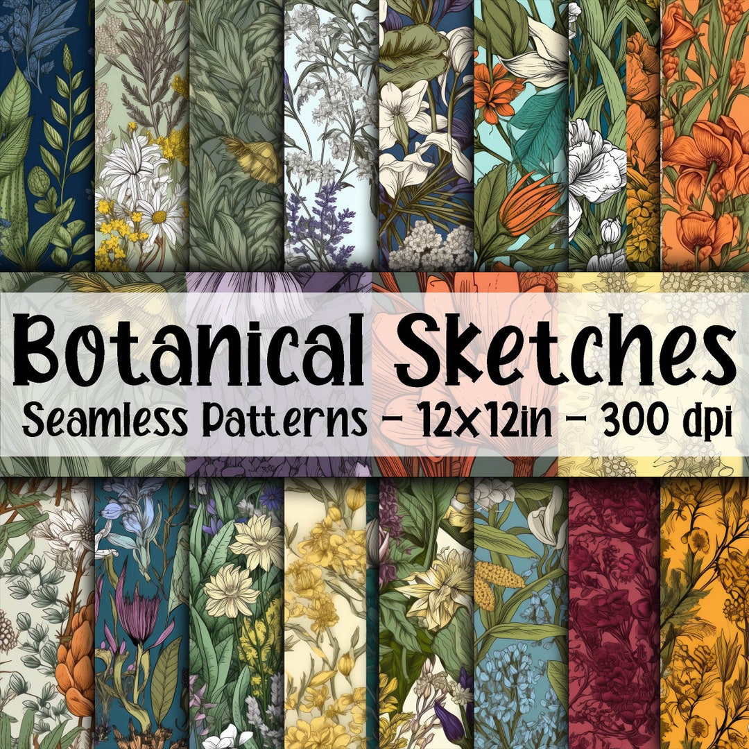 Botanical Sketches SEAMLESS Patterns Vintage Flowers Digital Paper 16 ...