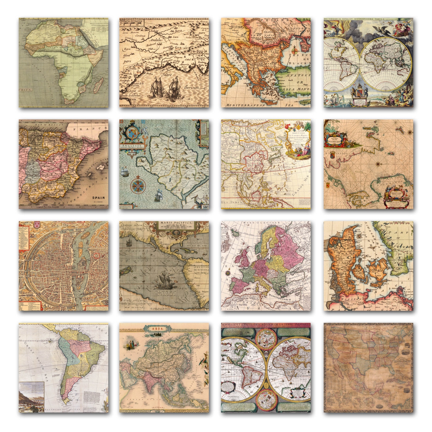Old Vintage Maps Digital Paper - Digital Paper Pack - 16 Designs - 12in ...